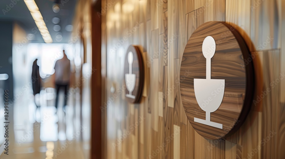 Toilet, wc icon, round wooden white and brown sign on restroom door in ...