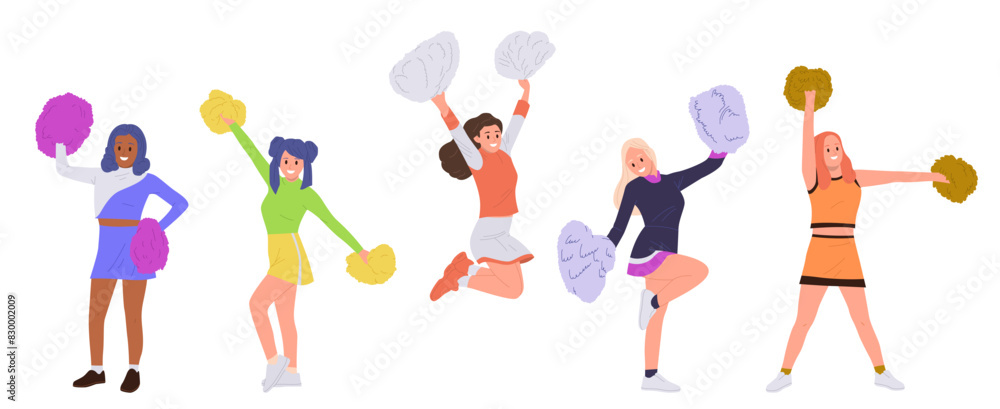 Set of young pretty girls cheerleaders cartoon characters dancing ...