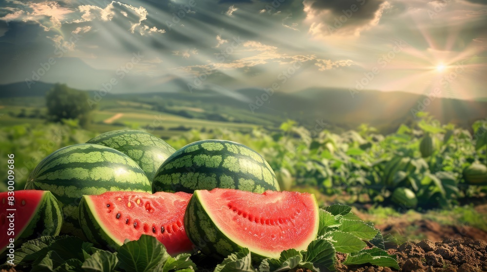 Ripe watermelons in a lush green field under a sunny sky, showcasing ...