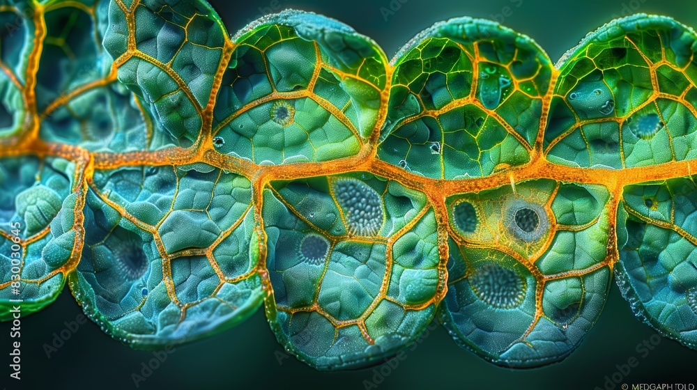 Intricate close-up of plant cells under a microscope, showcasing the detailed textures, colors ...