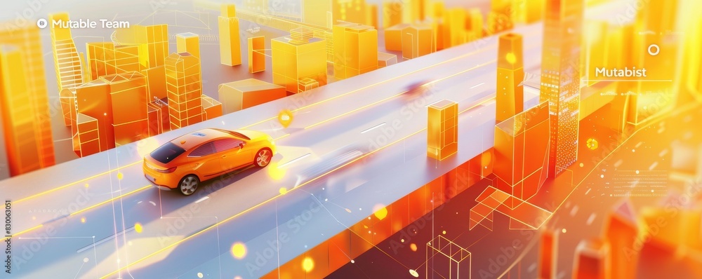 Design of an orange and yellow gradient cityscape with digital elements ...