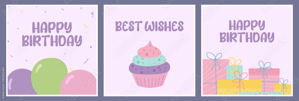 happy birthday greeting card set, celebration templates, postcards ...