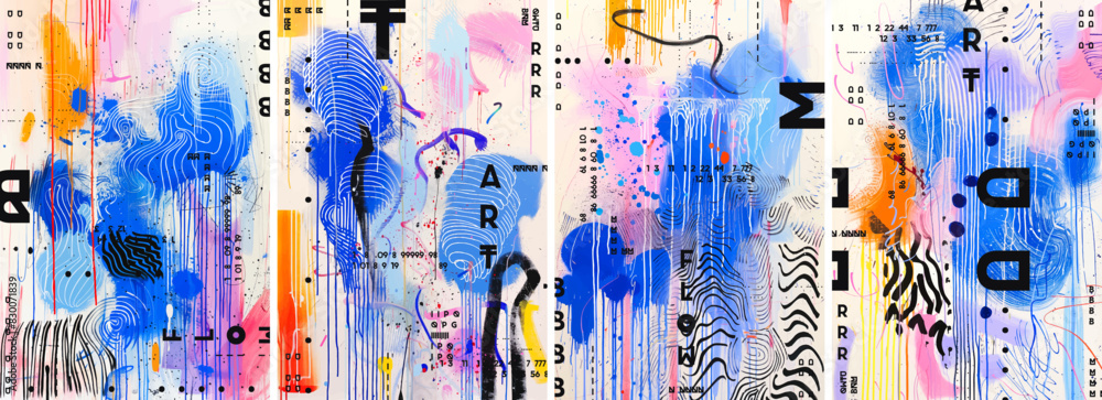 A series of four posters, each with different patterns and colors ...