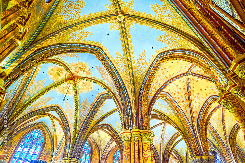 Rib-vaulted ceiling of the medieval Gothic Matthias Church, decorated ...