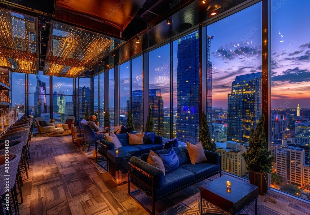 A chic rooftop bar with a glittering city skyline, ablaze with a ...