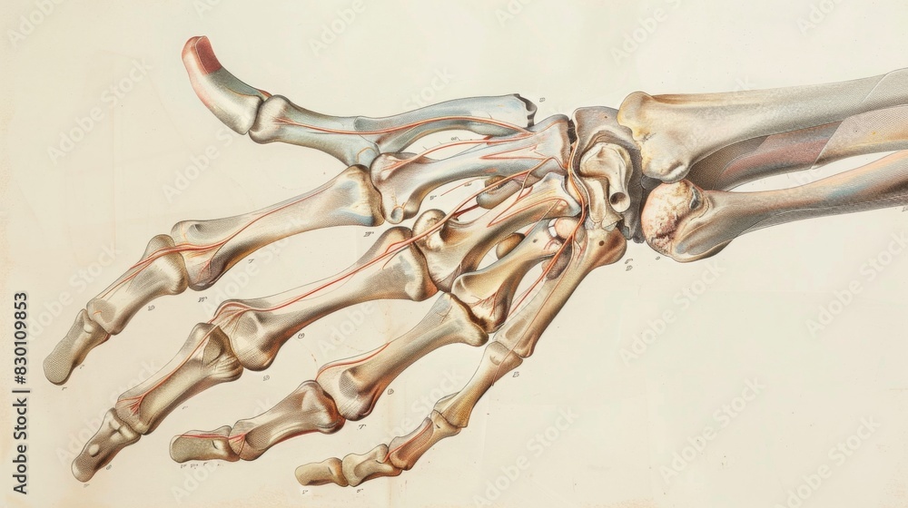 A medical diagram of the human hand, with bones and ligaments labeled ...
