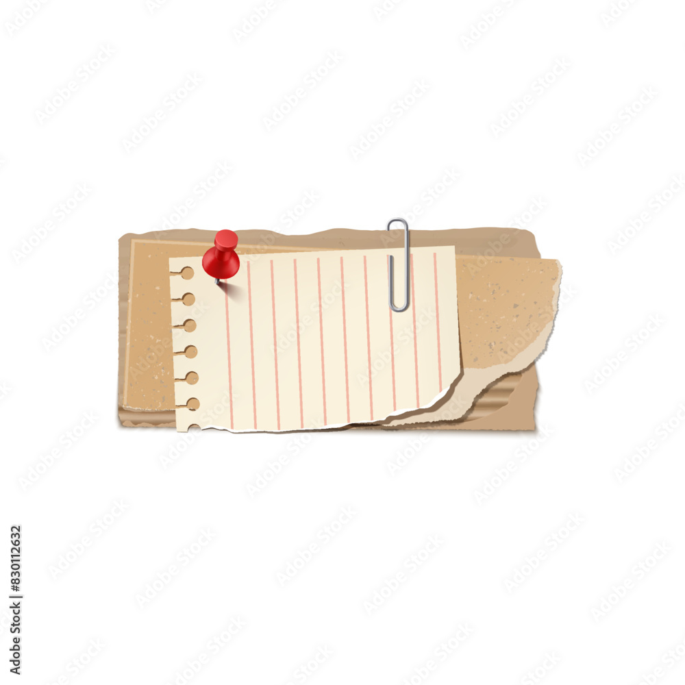 Pieces of torn cardboard, notepad sheet attached with red pin and clip ...