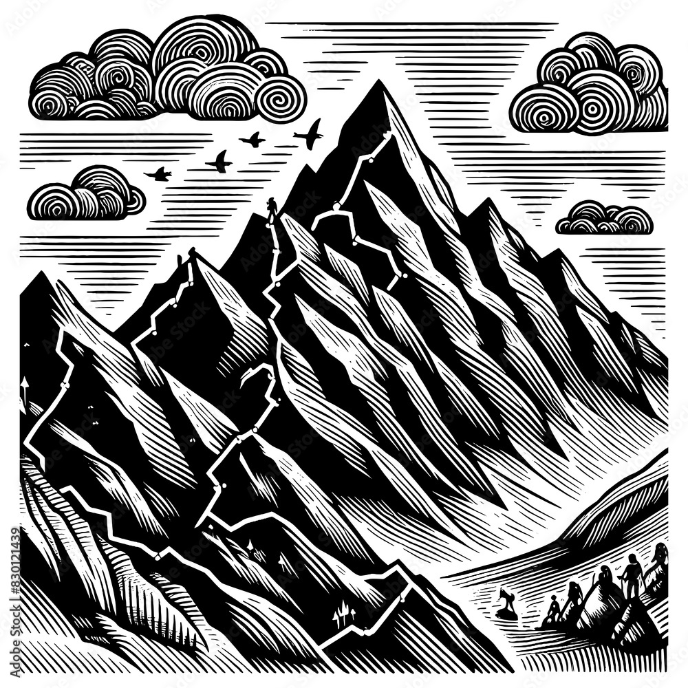 mountain route landscape with a dense pine forest in the foreground ...