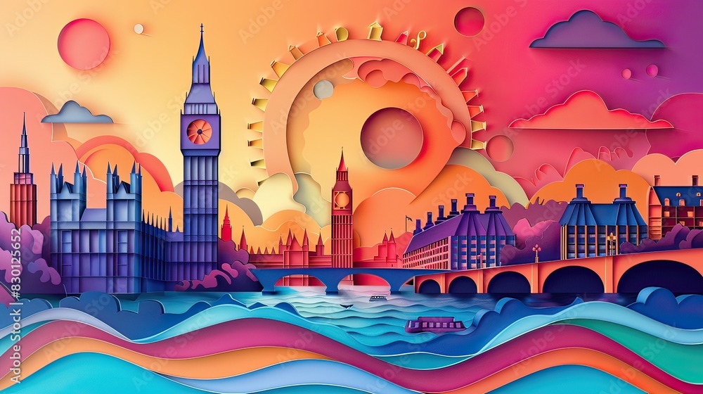 Big Ben, psychedelic paper-cut style, infographic format, vibrant ...