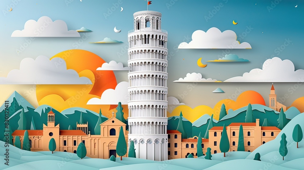 Leaning Tower of Pisa, paper-cut style, infographic layout, Tuscan ...