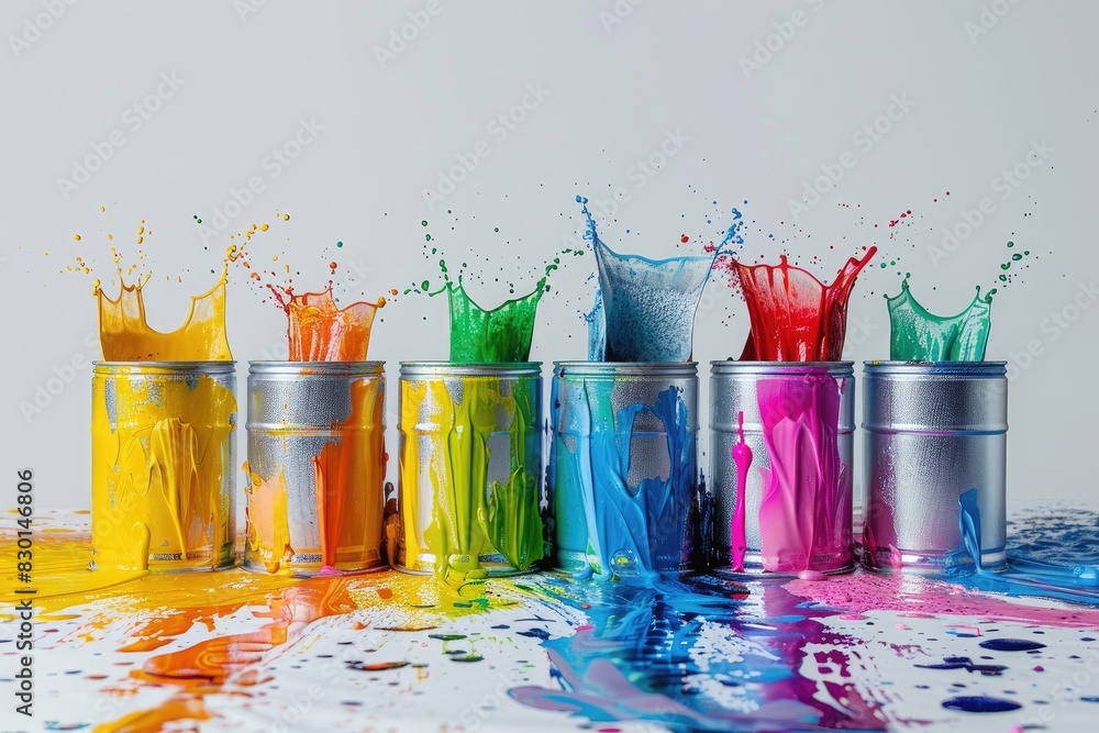 Cans with colored paints on white background. Splashes of red, yellow ...