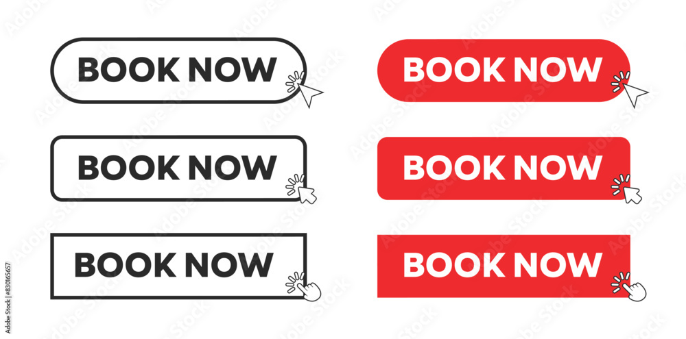 Book Now Web Button in Red Rectangle and outline style. Computer mouse click cursor or arrow ...