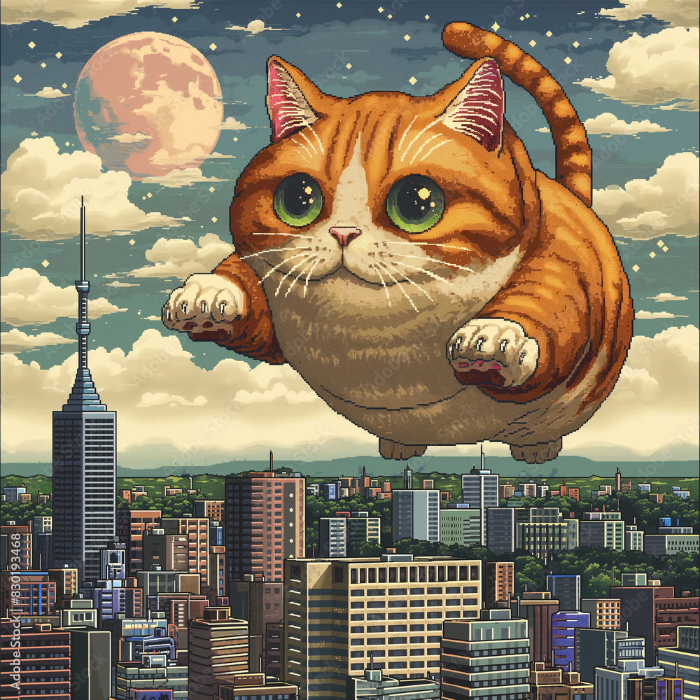 Big fat cat with evil smile floating above Tokyo city. he size of the ...