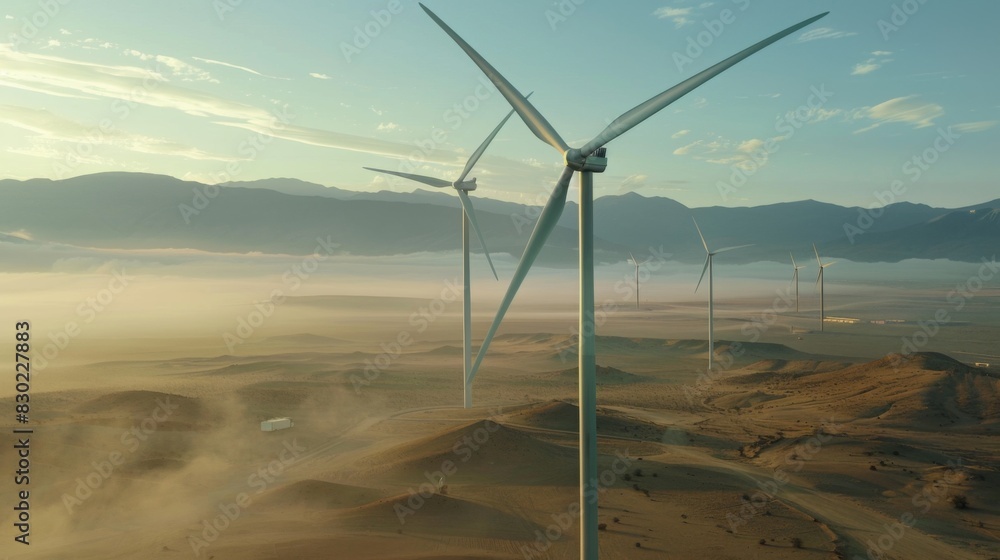 Aerial view of wind turbines in a desert landscape, capturing the stark ...