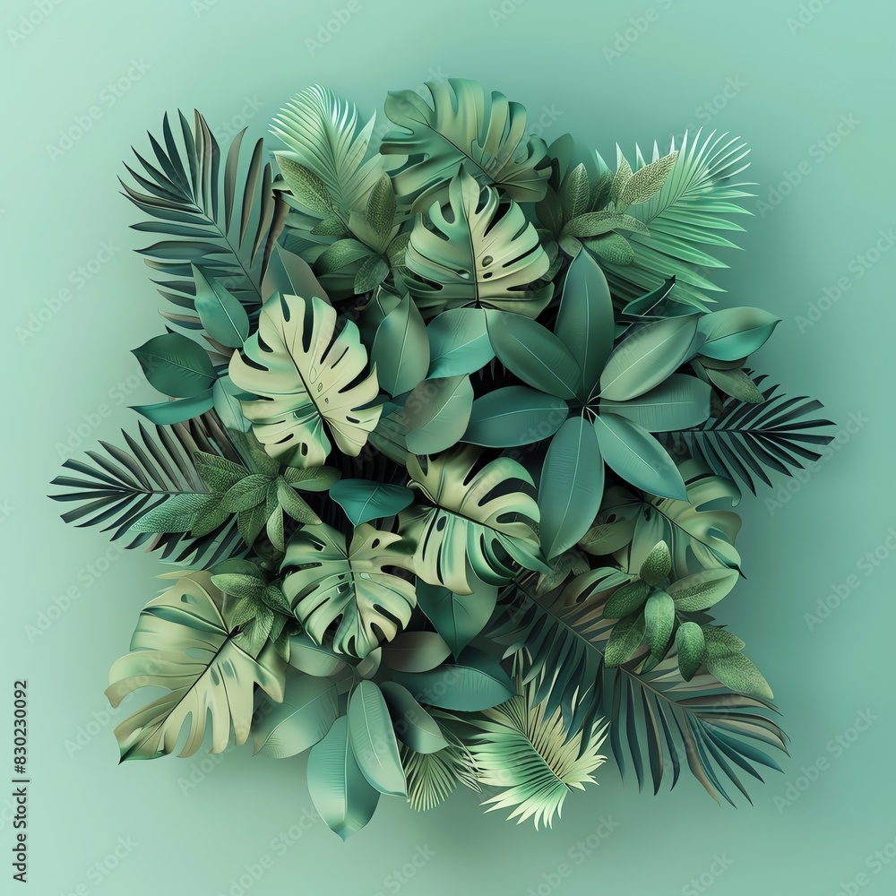 Top view of a lush green tropical plant arrangement against a mint ...