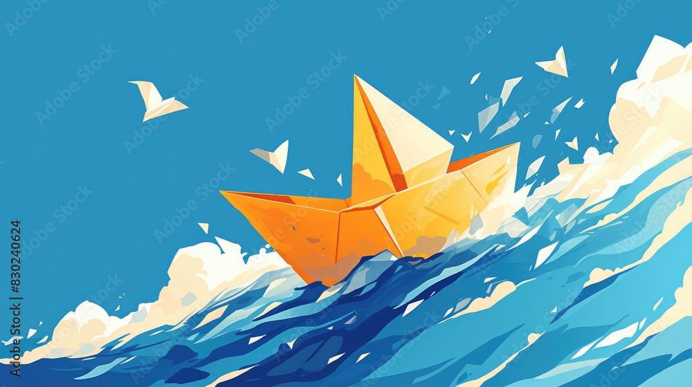 Illustration of a paper boat craft depicted as a standalone cartoon ...