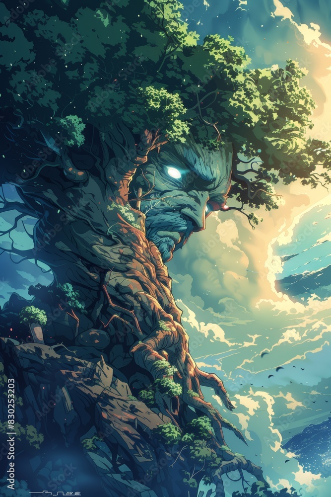 Angry ent, alive tree character stand on his roots on the mountain's ...