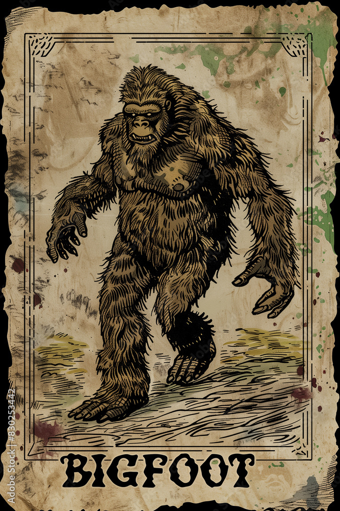 Bigfoot poster cryptid art. Sasquatch card illustration. Yowie artwork ...