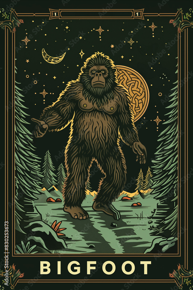 Bigfoot poster cryptid art. Sasquatch card illustration. Yowie artwork ...