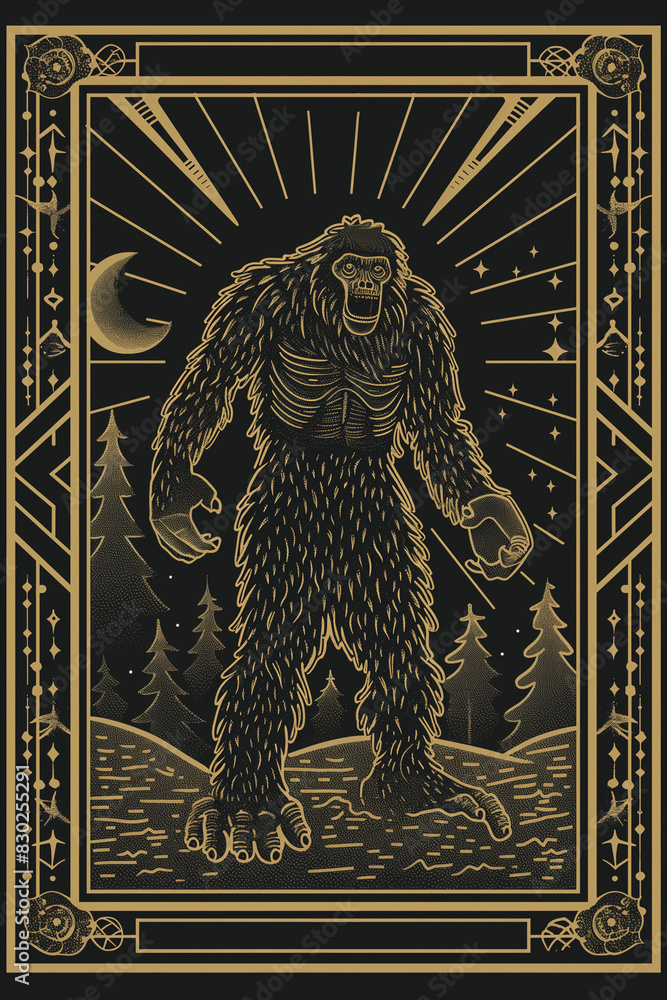 Bigfoot poster cryptid art. Sasquatch card illustration. Yowie artwork ...