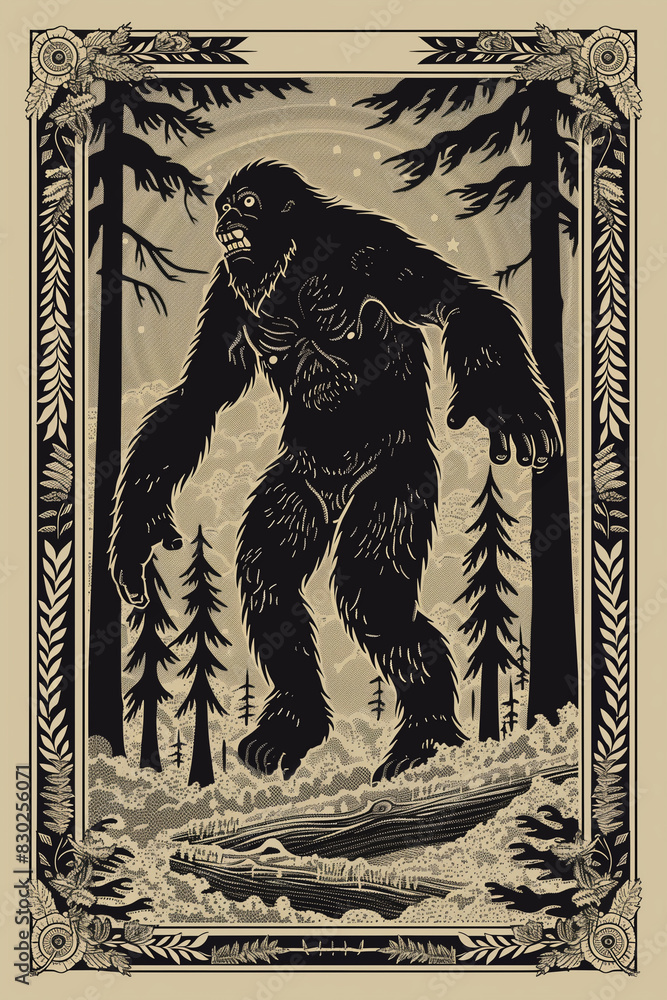 Bigfoot poster cryptid art. Sasquatch card illustration. Yowie artwork ...