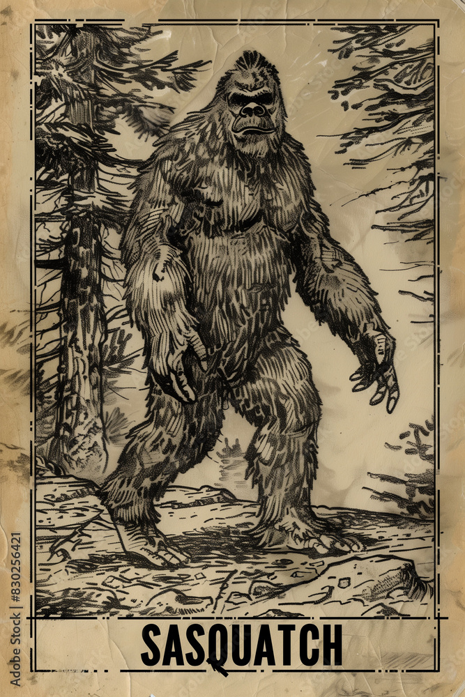 Bigfoot poster cryptid art. Sasquatch card illustration. Yowie artwork ...