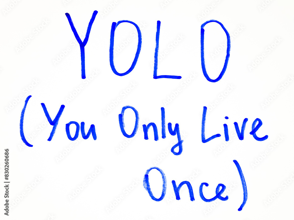 Word "yolo", written on a sheet of white paper, various words and expressions of gen z slang ...