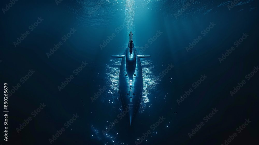 modern submarine in deep ocean, bottom view, cinematic light, hyper ...