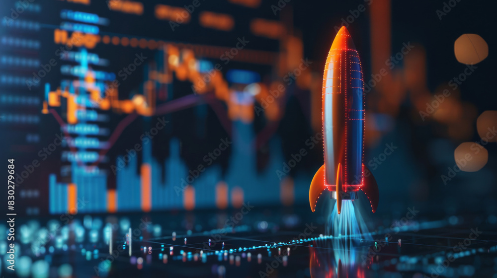 Digital illustration of a rocket launch over a glowing financial chart ...