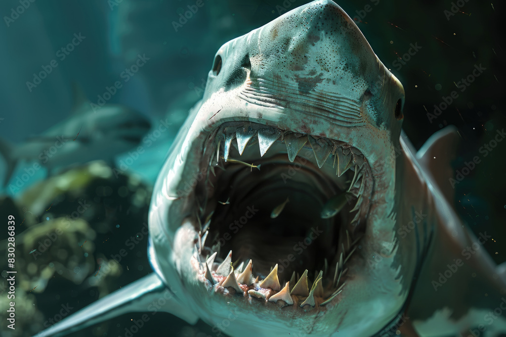 A shark with its jaws wide open, revealing rows of sharp teeth. The ...