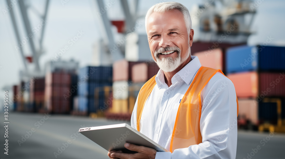 Engineer wearing uniform with logistics container dock cargo yard with ...