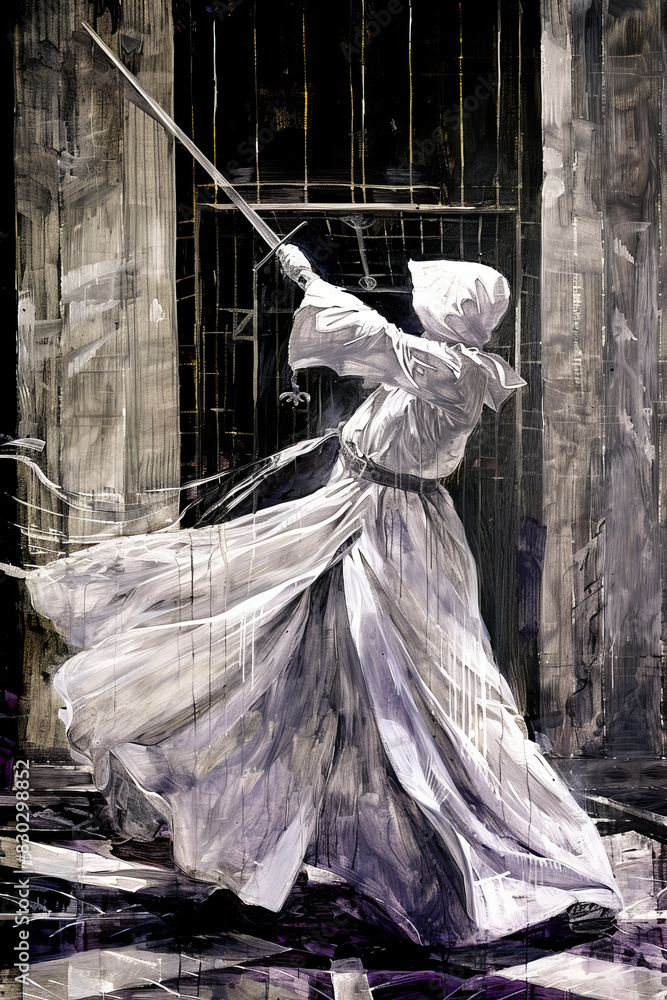 Hooded Figure in White Armor Swinging Sword in Dramatic Action Pose ...