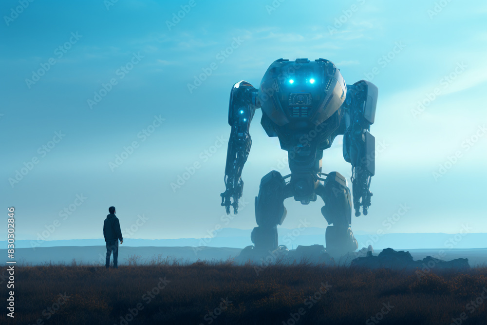 Man meets giant robot, both standing on an misty field. The massive ...