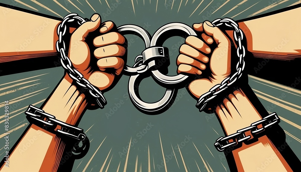 Hands breaking chain shackle handcuffs in a vintage woodcut revolution ...