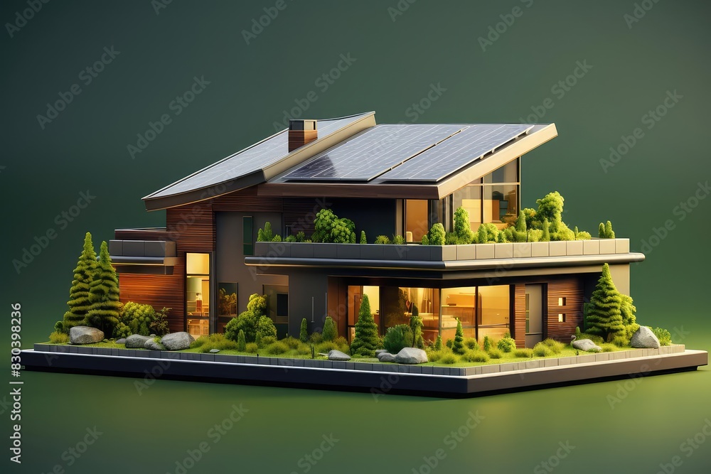 Passive house with green roof, flat design, side view, environmental ...