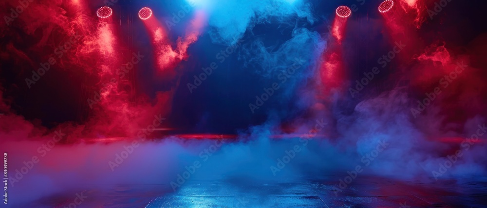 Spotlight concert stage or theater with red and blue smoke volume neon ...