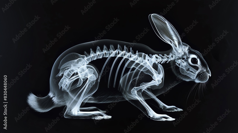 Xray of a rabbits skeletal structure, set against a black background ...
