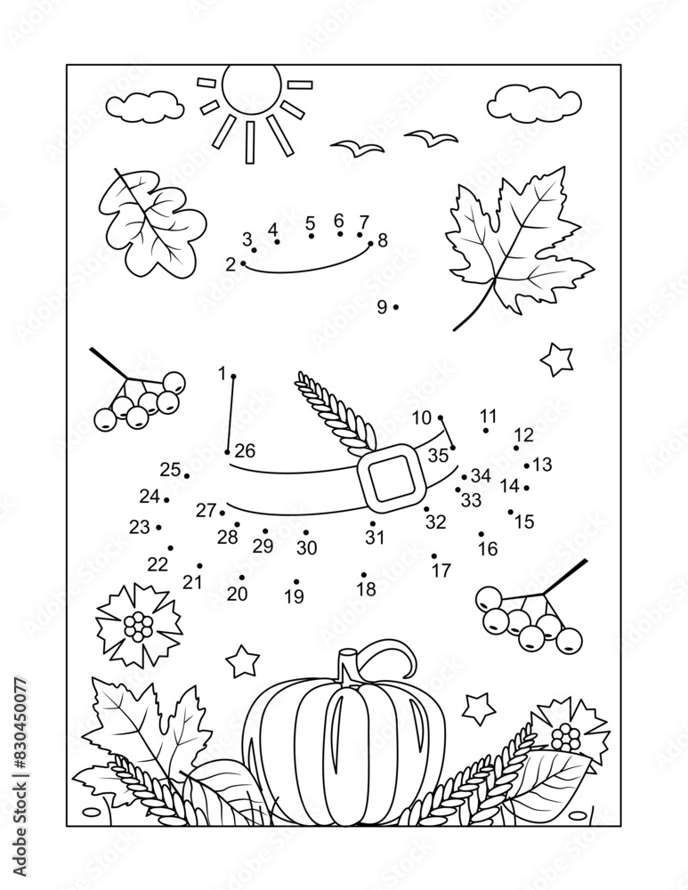 Thanksgiving Day holiday activity sheet. Pilgrim hat hidden picture dot ...