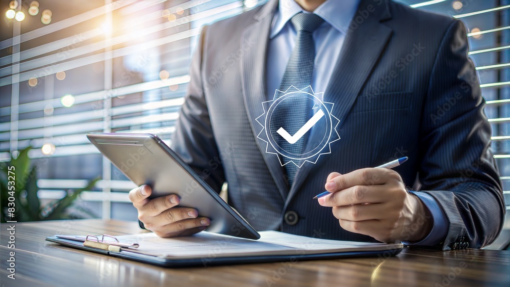 Quality assurance concept. Businessman make checklist for ISO ...