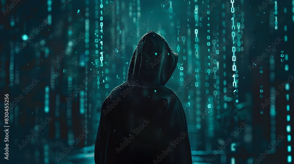 Hooded Figure in a Digital World of Futuristic Matrix Codes and Cyber Technology Stock Photo ...
