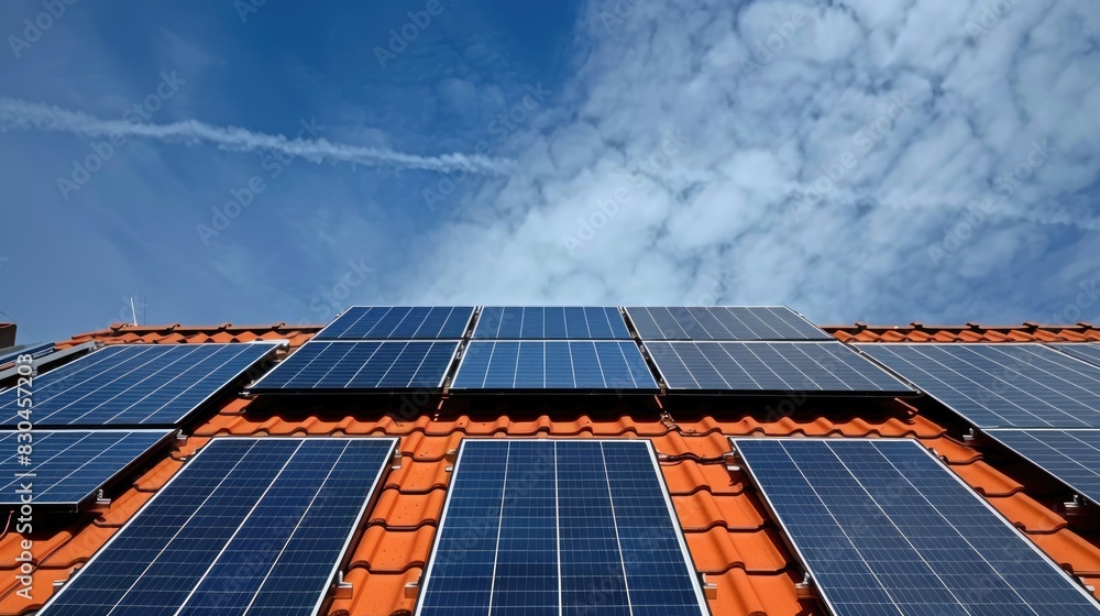 Solar panels installed on a home s orange tiled roof Stock Photo ...