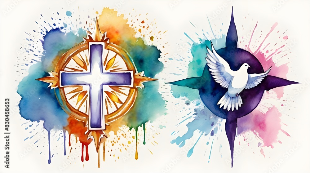 Holy Trinity symbols. Cross, crown and dove of Holy Spirit. Watercolor ...