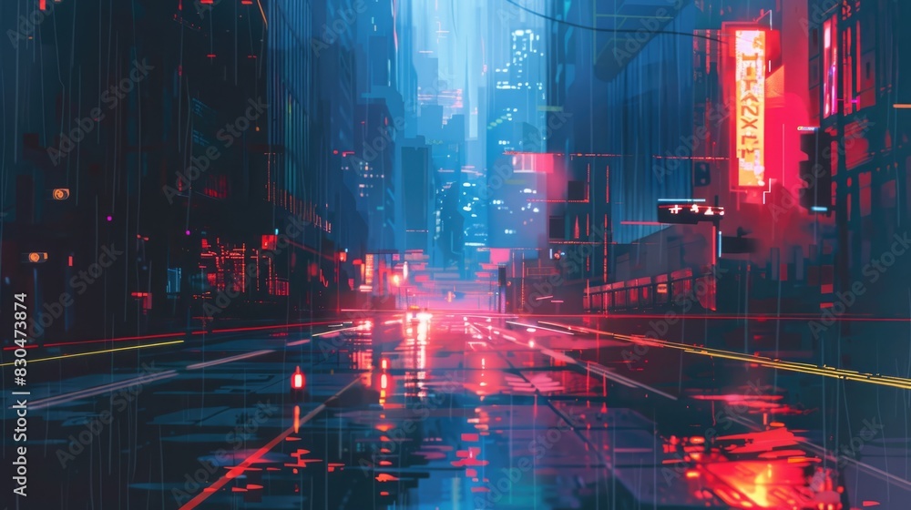 Stock-Illustration „Cyberpunk streets illustration, futuristic city, dystoptic artwork at night ...