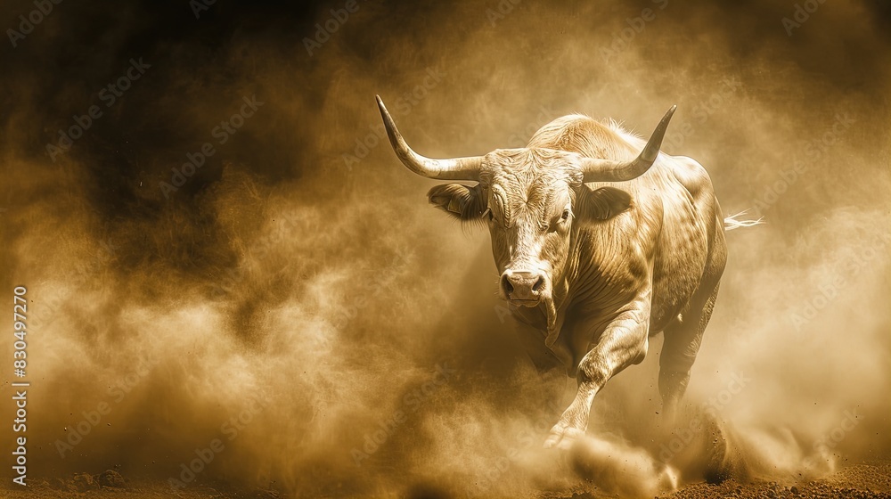 Charging beige bull in motion surrounded by dust. Dynamic studio action ...