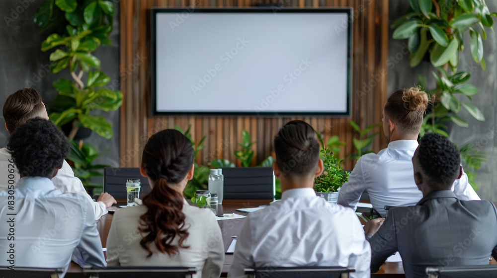 Central small portrait-oriented blank TV screen in a corporate ...
