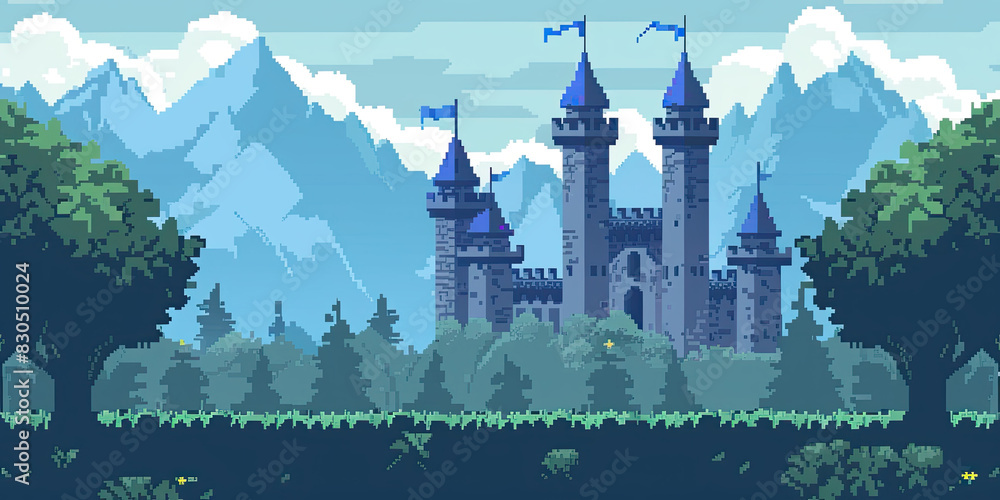 Castle background, video game style illustration castles towers 8-bit ...