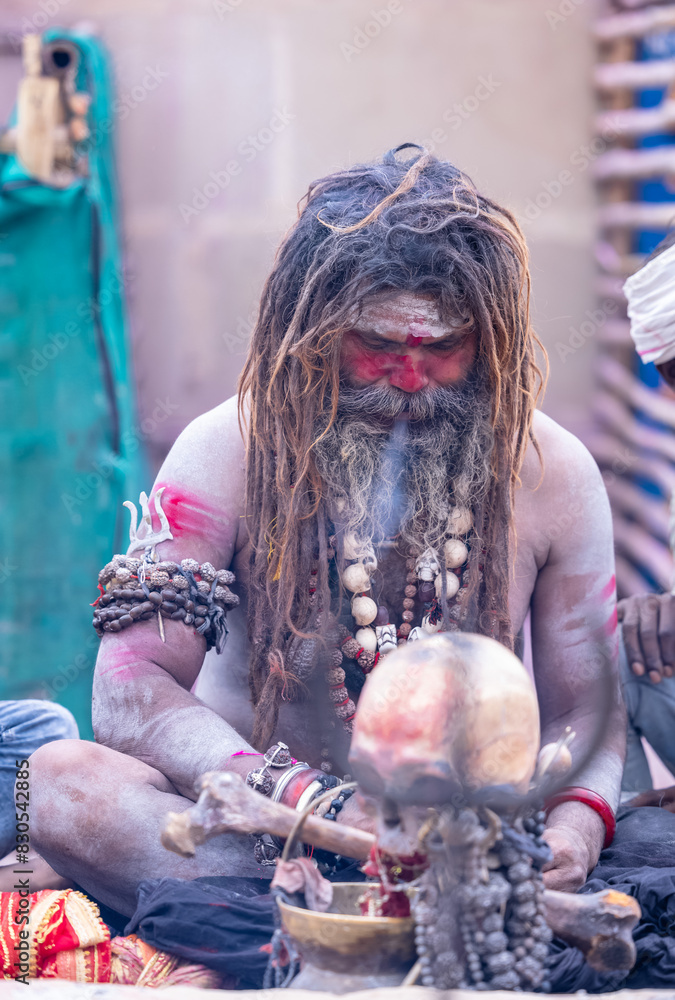 Portrait of an naga aghori sadhu holy man with pyre ash on his face and body performing aghor ...