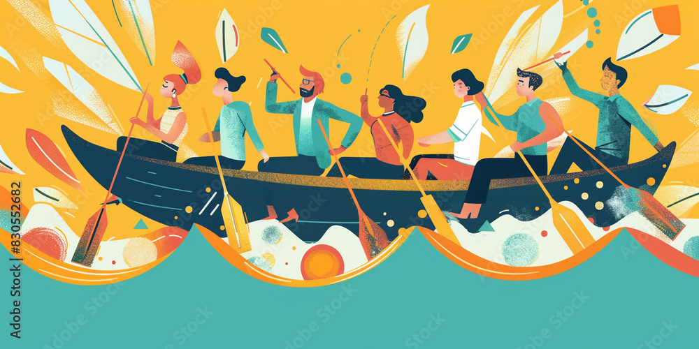 Minimalist illustration Teamwork a team is rowing a boat together to ...