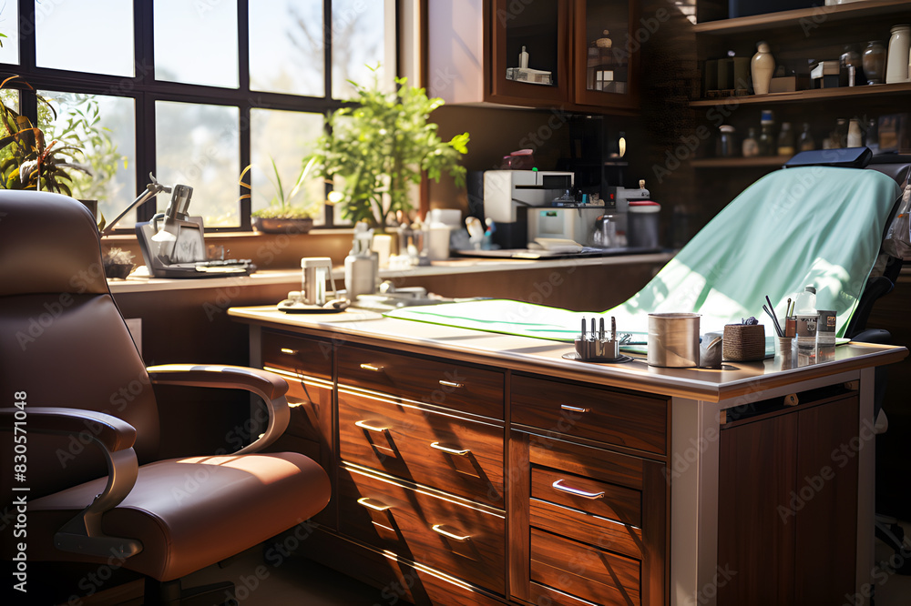 Doctor's desk in hospital is close to edge of glass window. Interior of ...