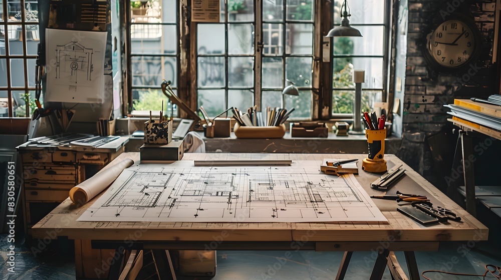 Architect s Drafting Table with Blueprints Models and Drawing Tools in ...